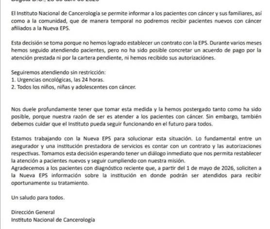 Instituto de Cancerología no prestará servicios a pacientes de Nueva ...