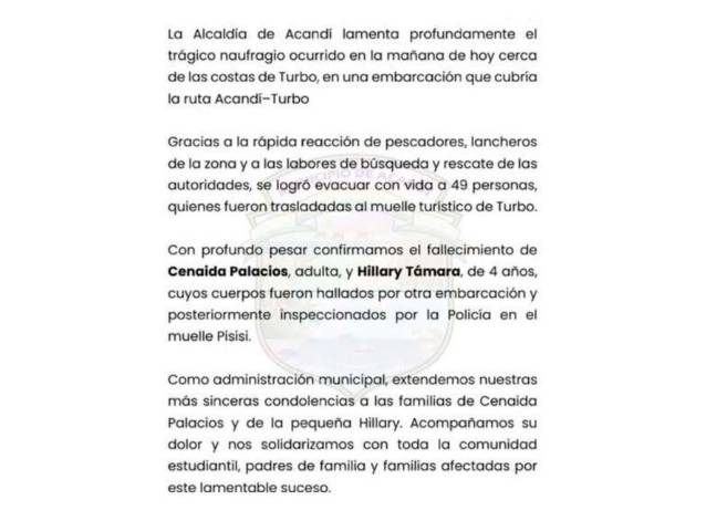 Tragedia en Urabá: niña de 4 años y una mujer murieron en naufragio de ...